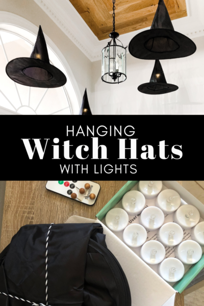 DIY Floating Witch Hats with Lights for Halloween - White Oak Shop